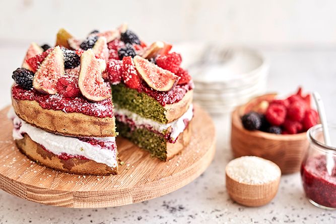 GREEN SPONGE CAKE WITH RASPBERRY CHIA JAM, WHIPPED COCONUT CREAM AND ...